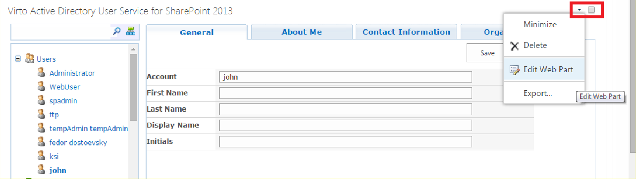 Active Directory User Service Web Part Settings Virtosoftware Guides And Docs