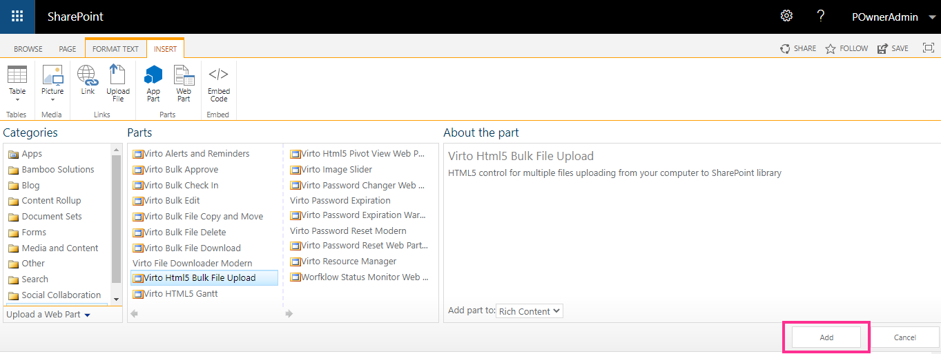 Adding Bulk File Upload As A Web Part To A Sharepoint Site Page Virtosoftware Guides And Docs