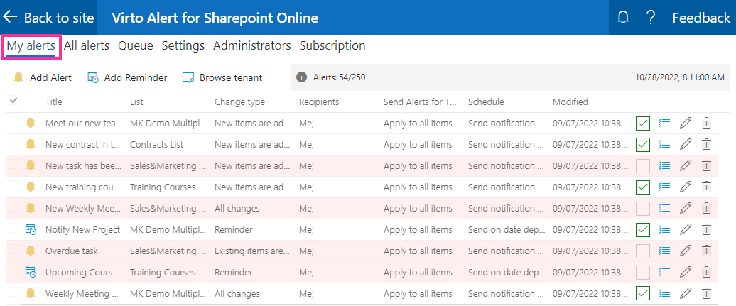 Alerts and Reminders by Virto App administration - Virtosoftware Guides & Docs