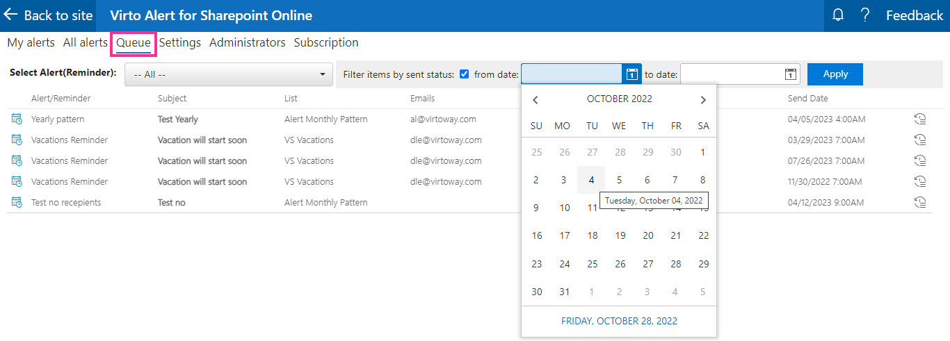 Alerts and Reminders by Virto App administration - Virtosoftware Guides & Docs