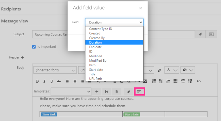 Reminders for corporate training courses - Virtosoftware Guides & Docs